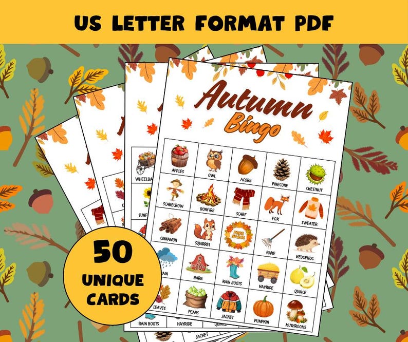 Autumn Bingo Game 50 Unique Bingo Cards, Printable Letter PDF Fun Fall ...