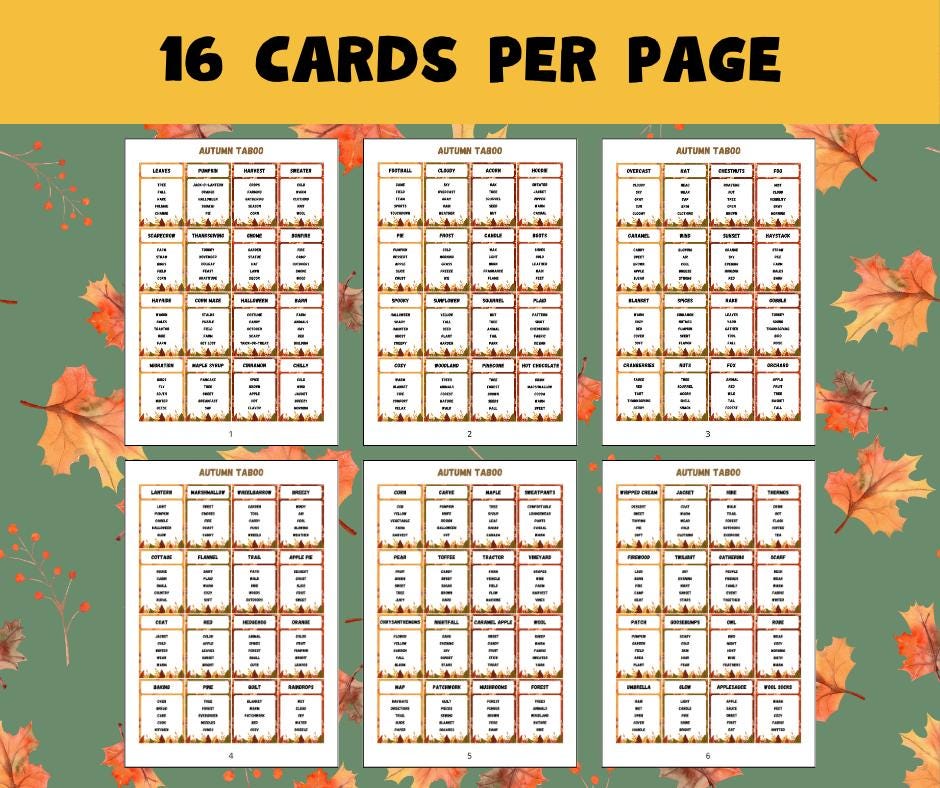 Autumn Taboo Game: 96 Printable Cards, Fall Party (instant Download) - Etsy