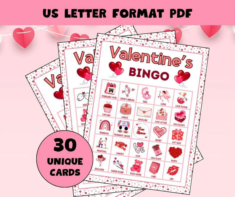 Valentine's Day Bingo Game: 30 Unique Cards (printable PDF) - Etsy