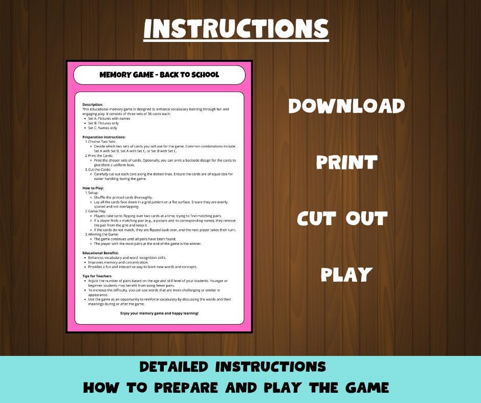 School Memory Game: Vocabulary Matching Activity (digital Download) - Etsy