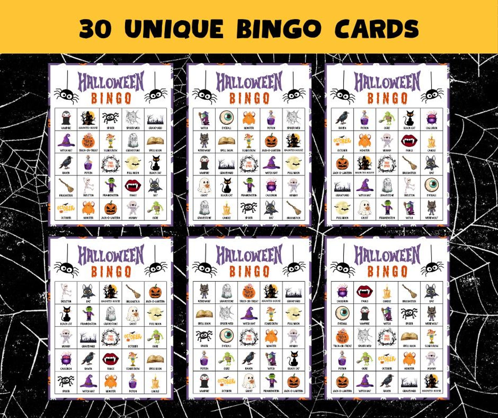 Halloween Bingo Game: 30 Unique Cards, Printable PDF (digital Download ...