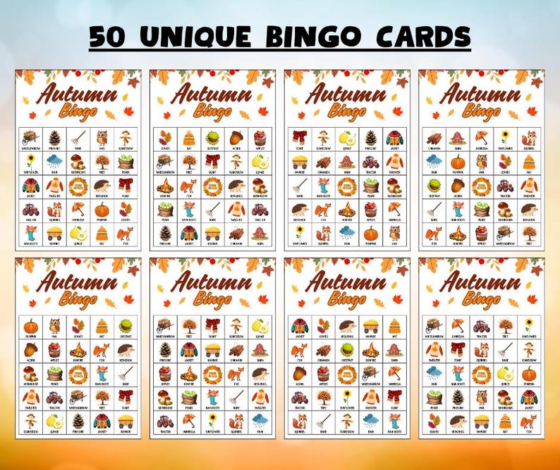 Autumn Bingo Game - 50 Unique Bingo Cards, Printable A4 PDF - Fun Fall ...