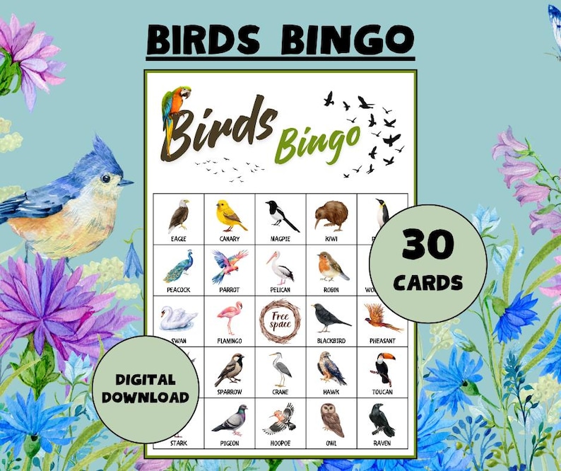Birds Bingo Game - 30 Unique Birds Bingo Cards - Printable A4 Format ...