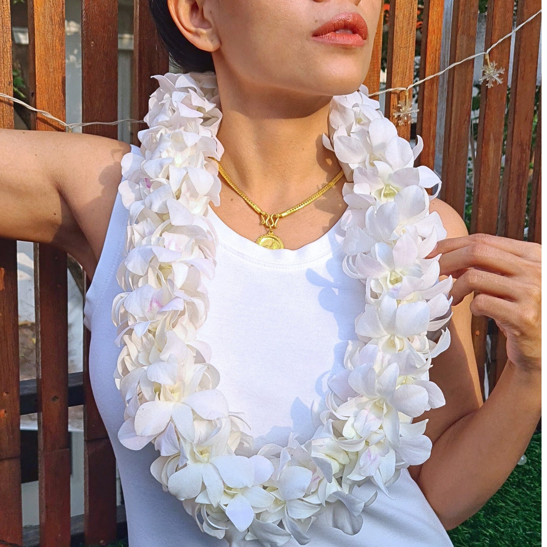 White Orchid Lei – Double Thick Dendrobium Lei for Graduation, Wedding ...