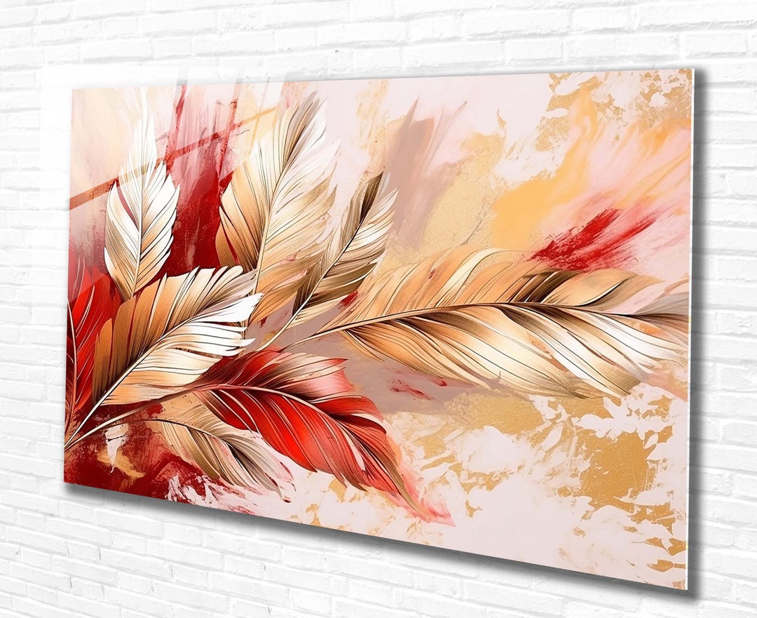 Gold Red Tempered Glass Wall Art Abstract, Panoramic Wall Art, Extra ...