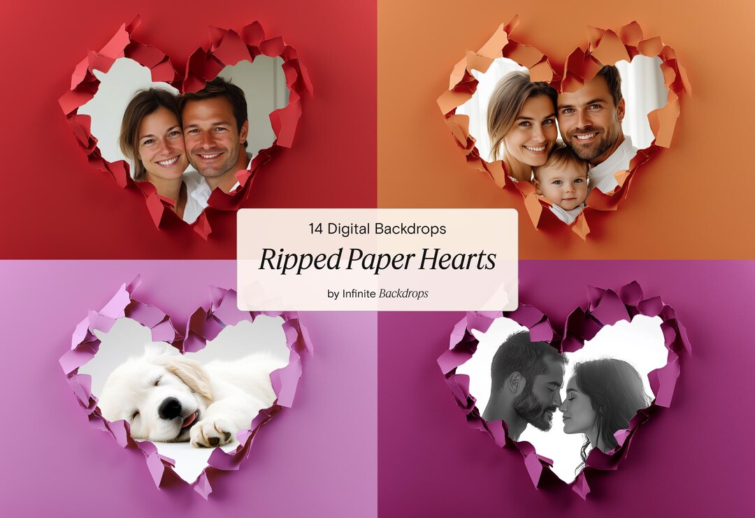 Ripped Paper Hearts, Valentines Day Digital Backdrop Overlay PNG, Red ...