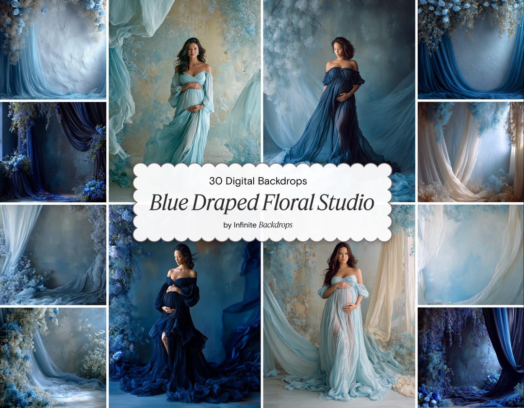 Blue Draped Floral Studio Backdrops: Cream Floral Blush Arch Digital ...