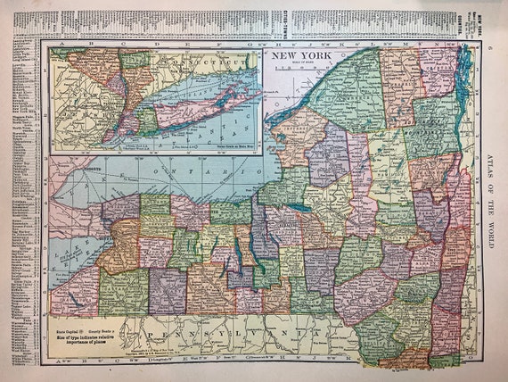 Vintage 1909 Hammond's Atlas Color Map of New York State - Etsy