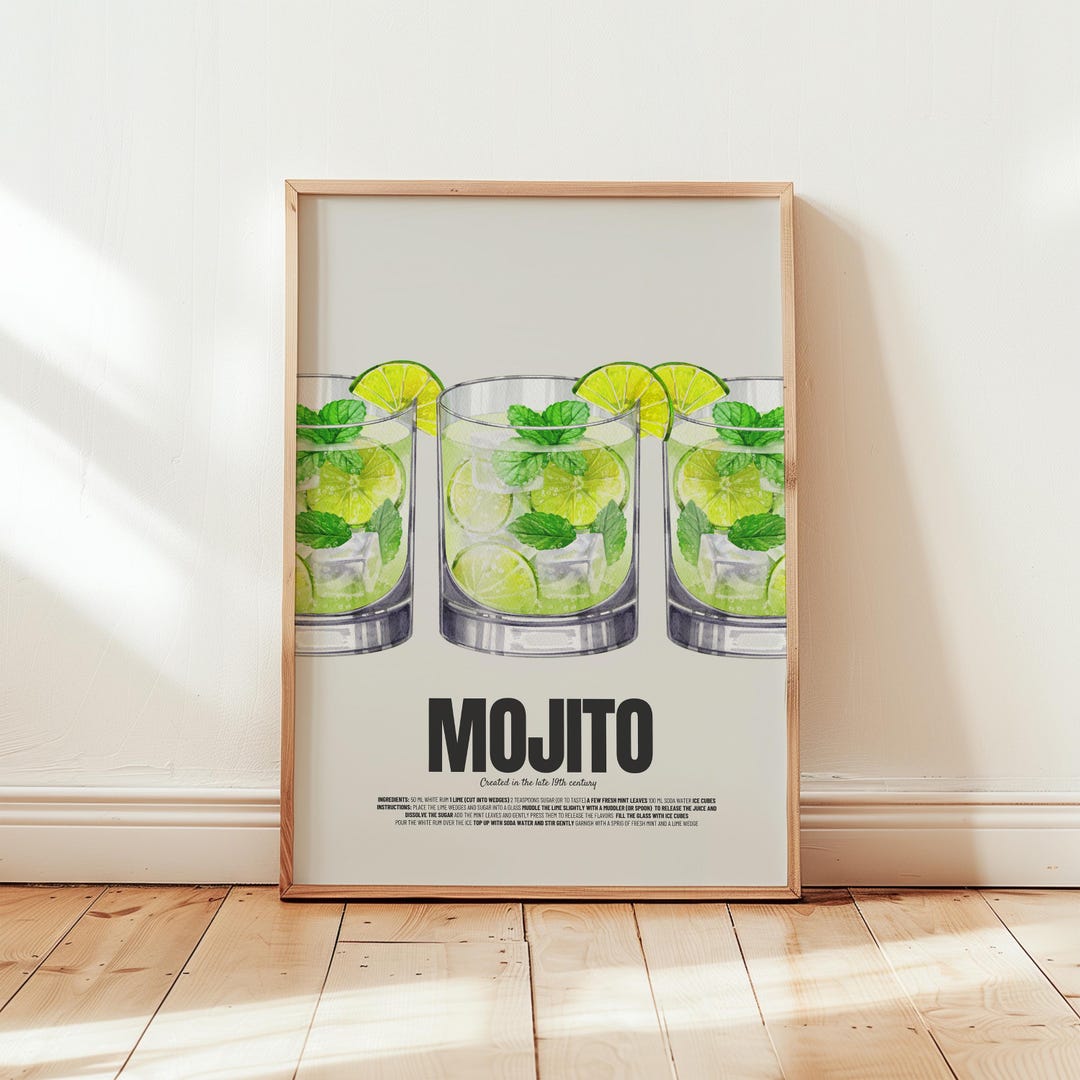 MOJITO Poster Illustration With Classic Recipe Minimalistic Design Wall ...