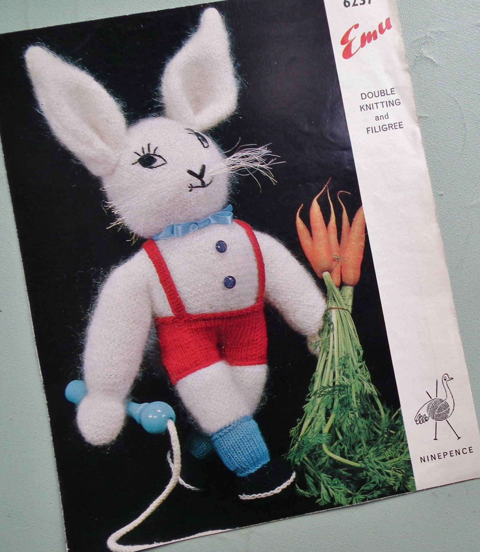 Original Vintage Knitting Pattern 1960s Knitted Rabbit Bunny Soft Toy ...