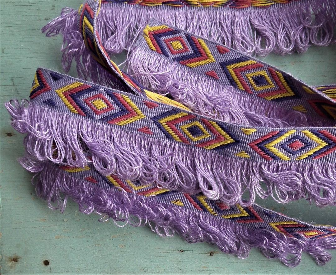 Vintage 1960s 1970s Trim Braid With Fringe - Aztec Style Design Lilac ...