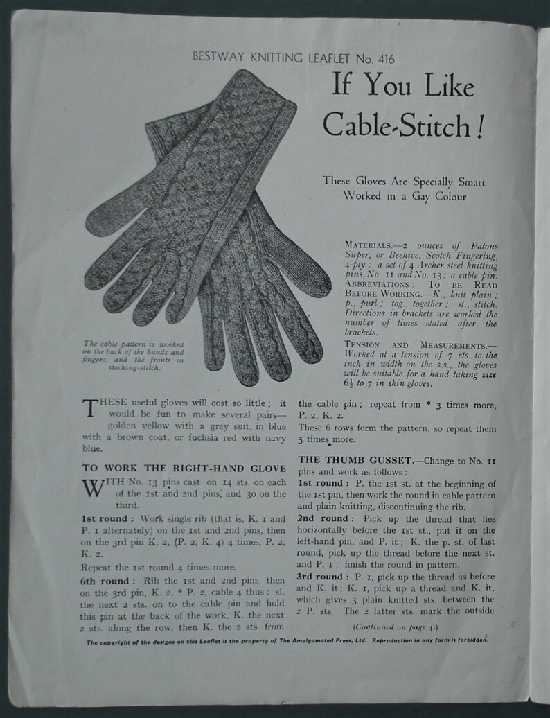Vintage Knitting Pattern 1930s 1940s Women's Gloves - Etsy