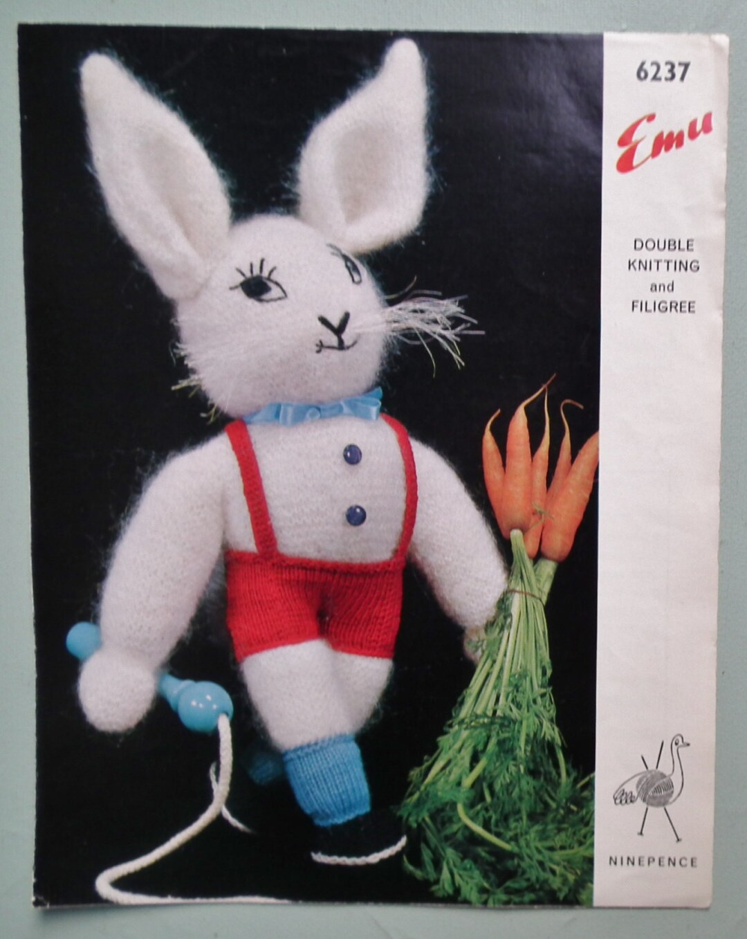 Original Vintage Knitting Pattern 1960s Knitted Rabbit Bunny Soft Toy ...
