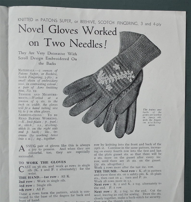 Vintage Knitting Pattern 1930s 1940s Women's Gloves - Etsy