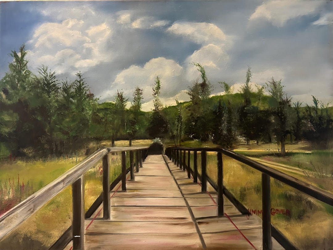 Hiking Trail Oil Painting, Wooden Bridge Painting, Mountain Scenery ...