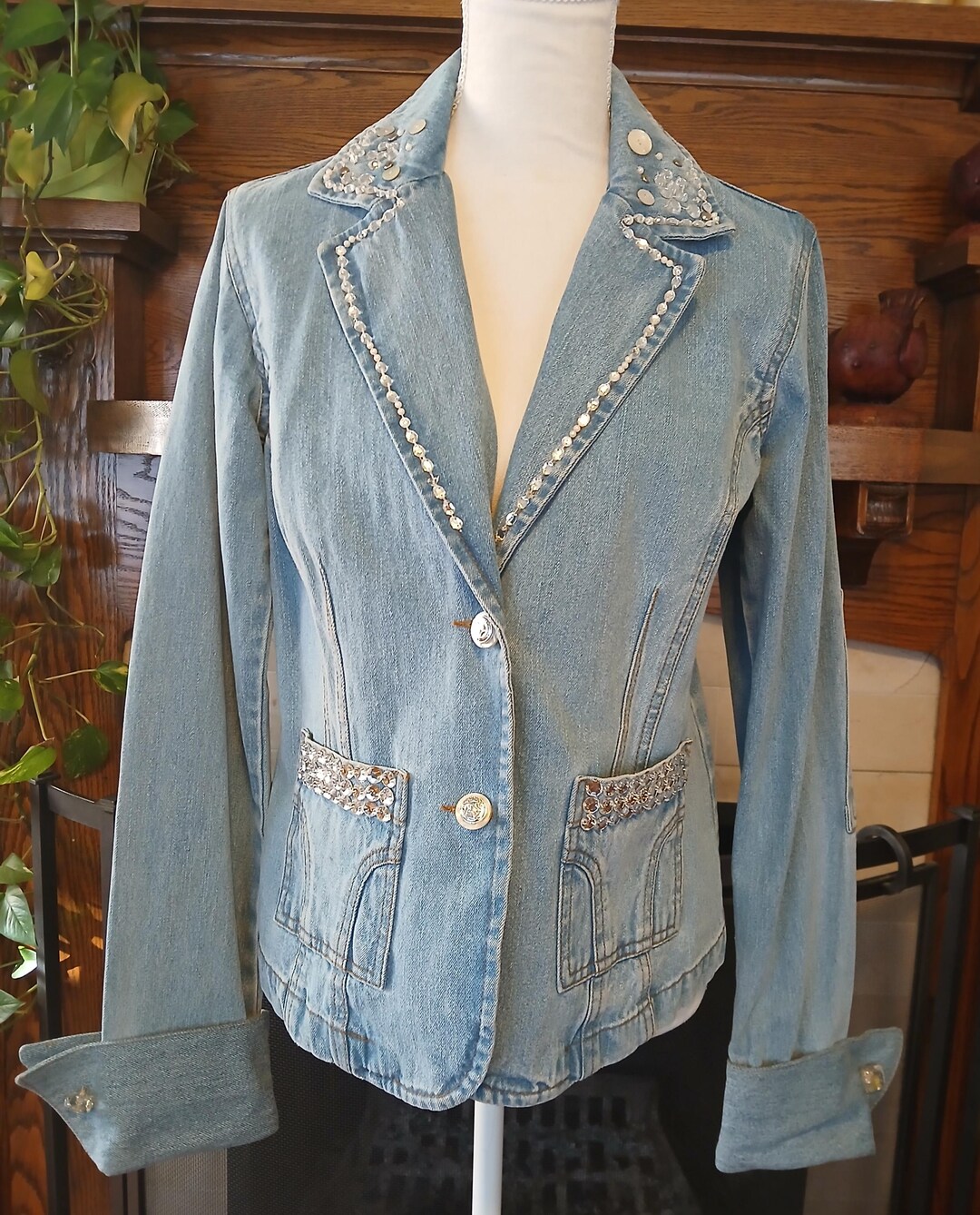 Vtg 90's Glam Denim Jean Rhinestone Embellished Jacket Blazer Sz 10 - Etsy