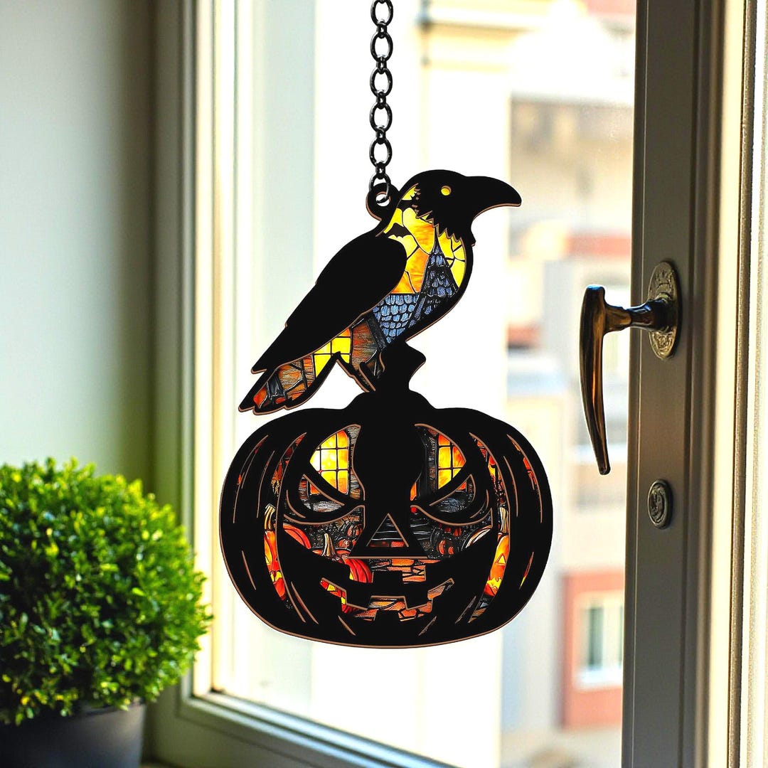 Raven on Jack-o'-lantern Acrylic Suncatcher, Rainbow Pumpkin Faux ...