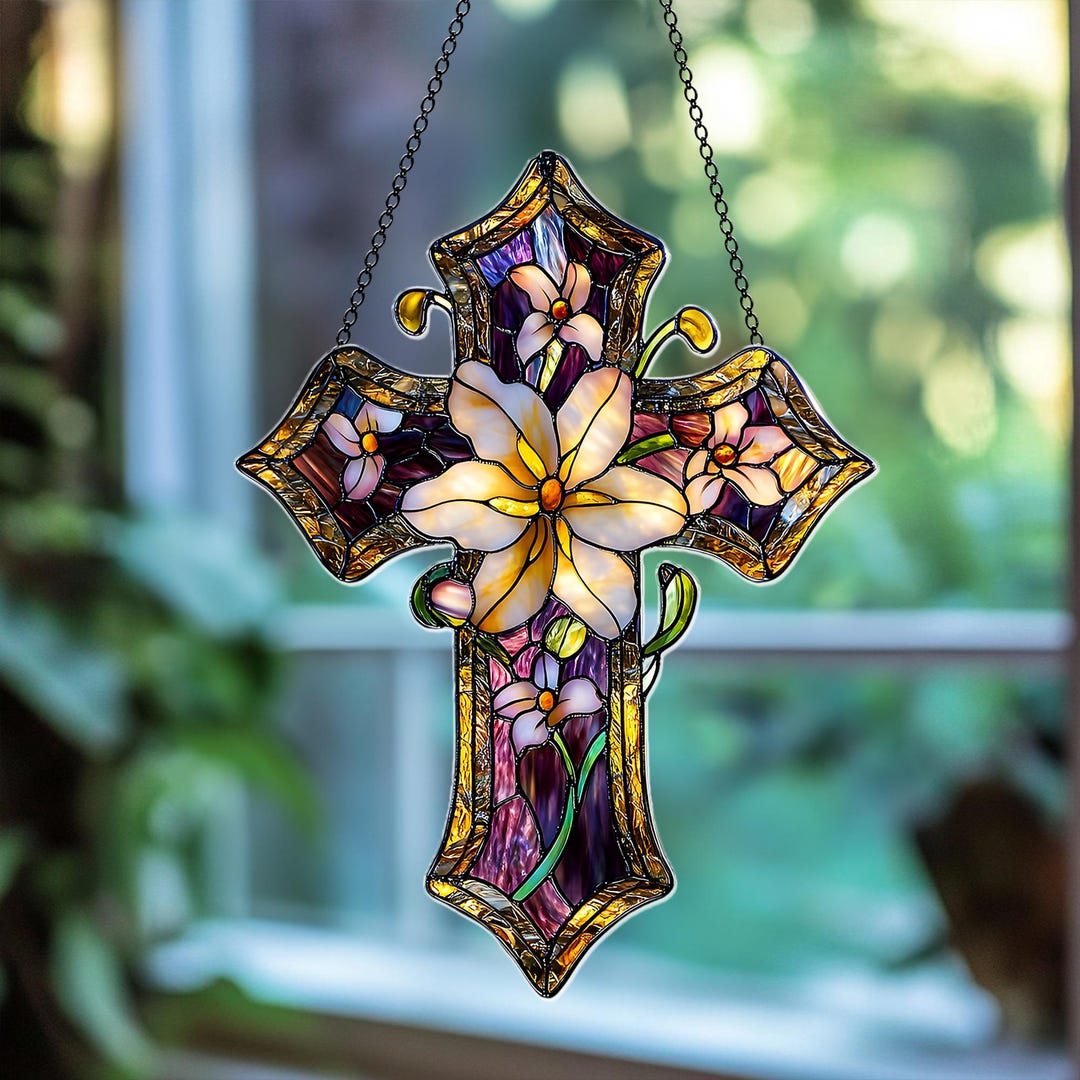 Easter Cross Stained Glass Suncatcher, Acrylic Christian Window Hanging ...