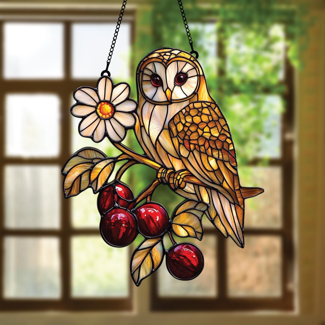 Barn Owl ACRYLIC Suncatcher With Daisy Flower and Red Berries – Faux ...
