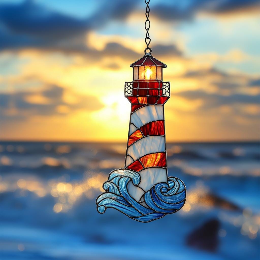 Lighthouse Suncatcher, Coastal Sunset Waves, Acrylic Window Hanging - Etsy