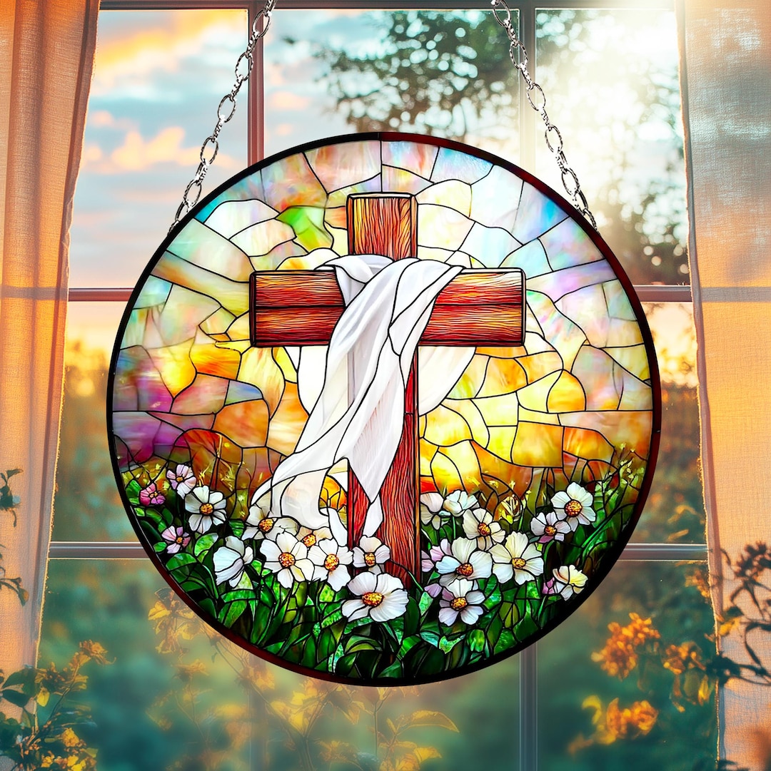 Christian Cross GLASS SUNCATCHER Floral Cross Acrylic Window Hangings ...
