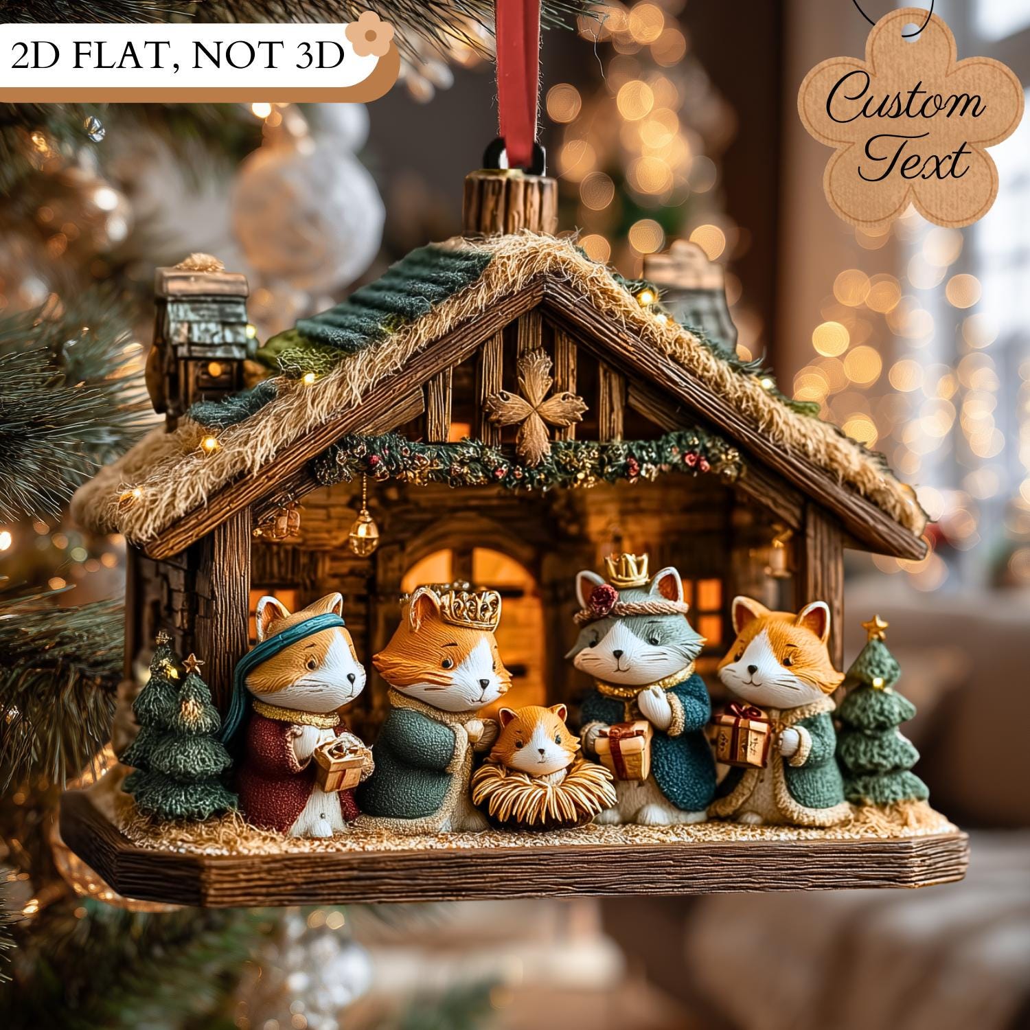 2D Flat Personalised Cat Holy Village Christmas Ornament 2025, Custom ...