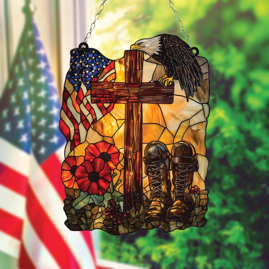 Memorial Day Military Cross Suncatcher, Faux Stained Glass Window ...