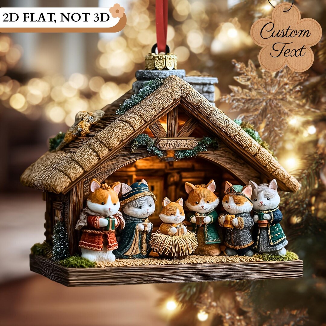 2D Flat Personalised Cat Holy Village Christmas Ornament 2025, Custom ...