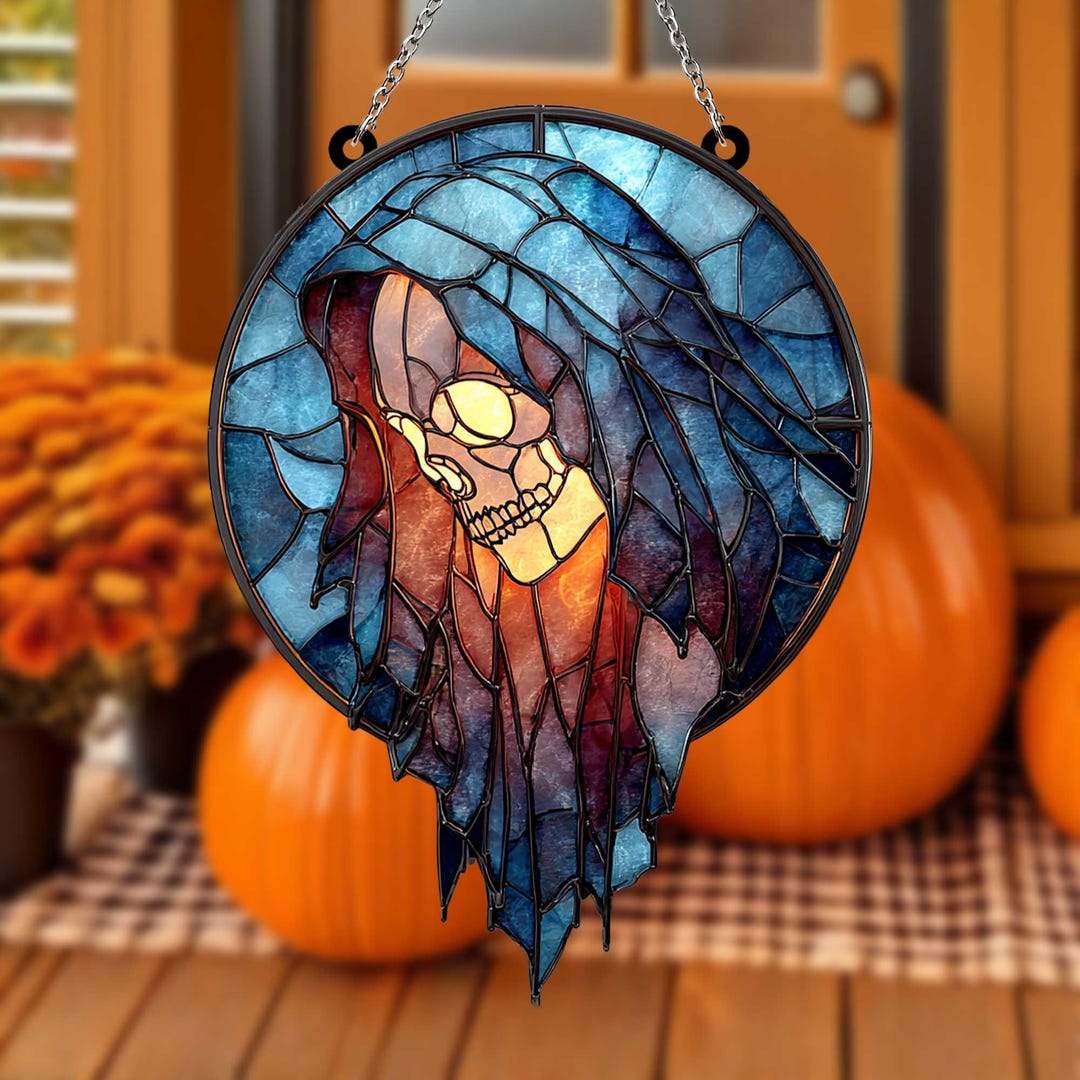 Grim Reaper Acrylic Suncatcher – Faux Glass Skeleton in Hooded Cloak ...