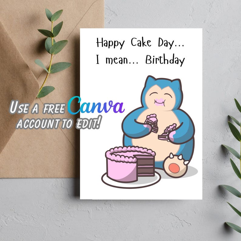 Snorlax Pokemon Birthday Card Template Printable Editable on Canva 5 X ...