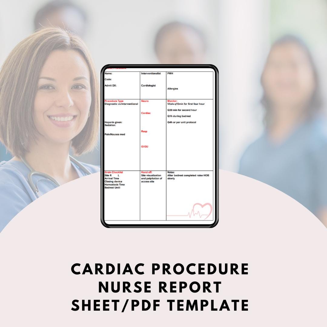 Printable Cardiac Cath Procedure Nurse Report Sheet, Nurse Brain Sheet ...