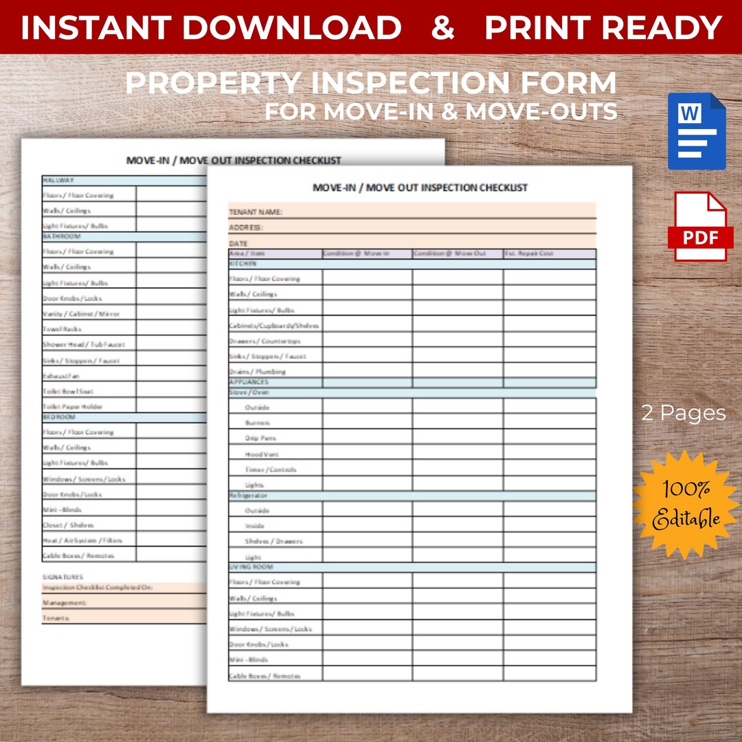 Rental Property Inspection Form Editable Printable Landlord Home ...