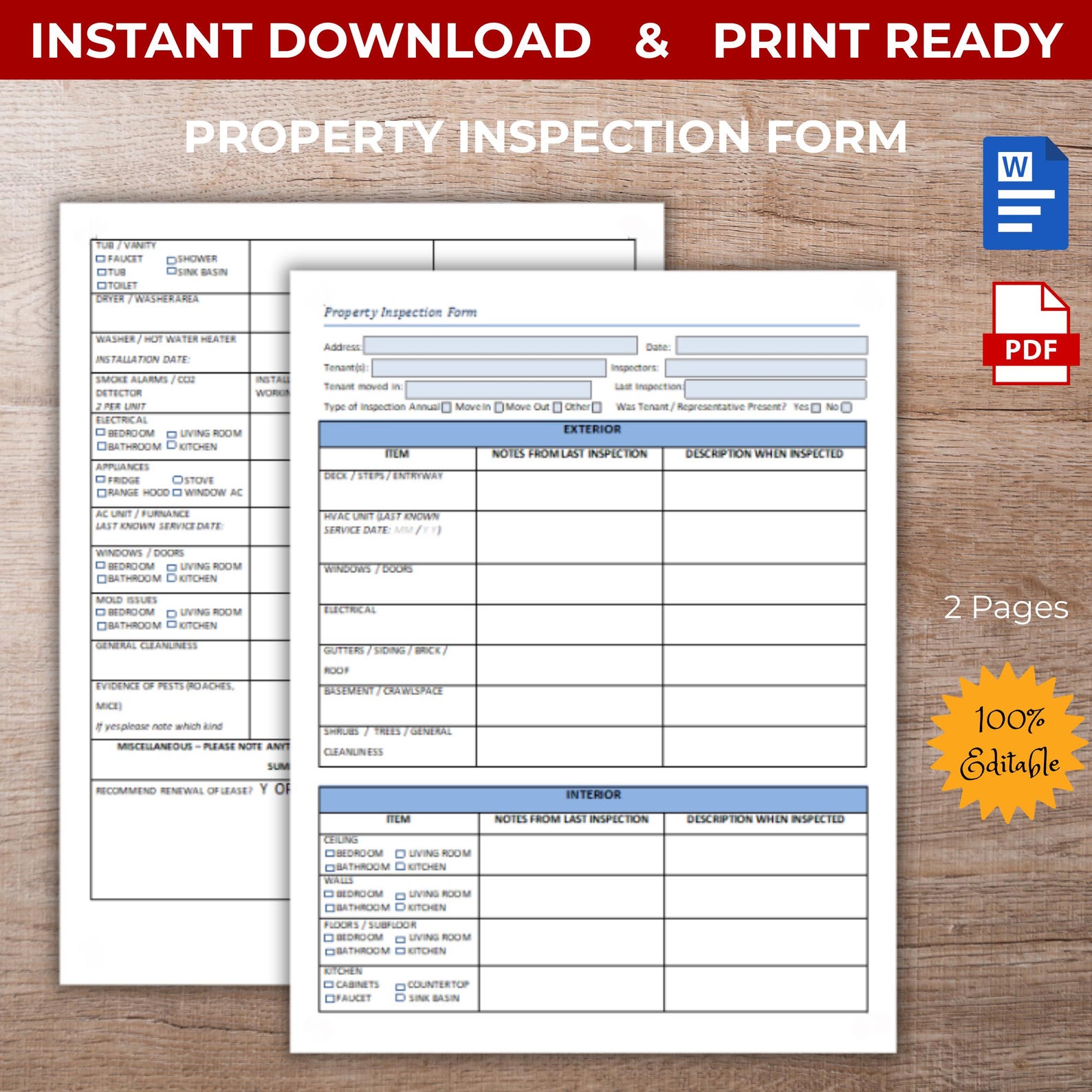 Rental Property Inspection Form Editable Printable Landlord Home ...