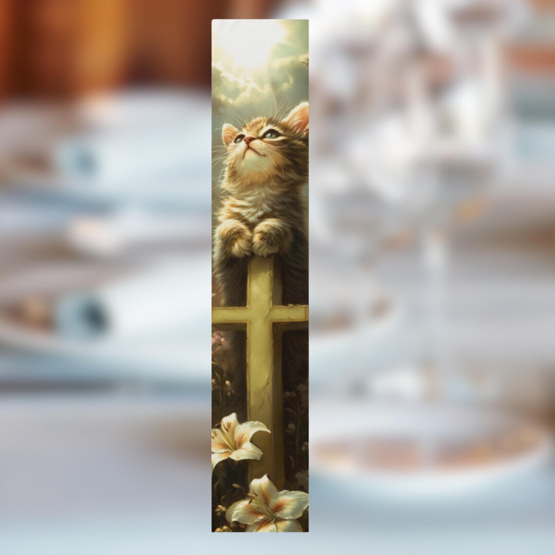 Easter Cross Table Runner, Tabby Cat Religious Table Linen, Spring ...