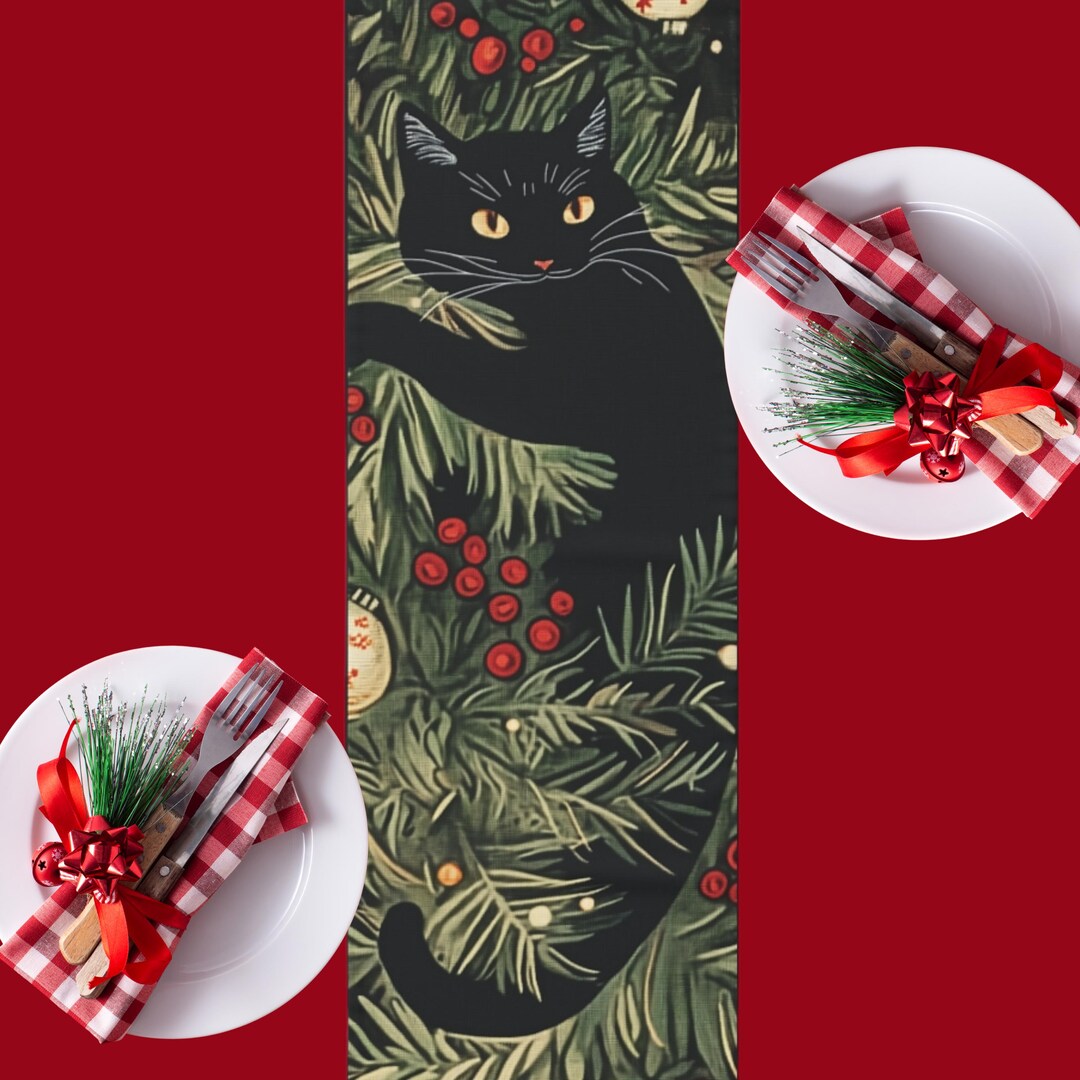 Mischievous Black Cat Table Runner, Christmas Greenery Home Accent ...