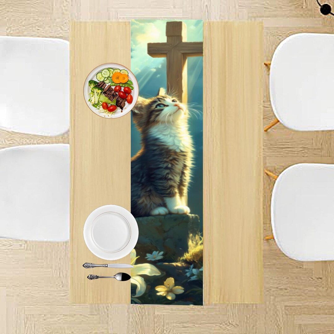 Easter Cat Table Runner, Religious Cat Lovers Table Linen, Wooden Cross ...