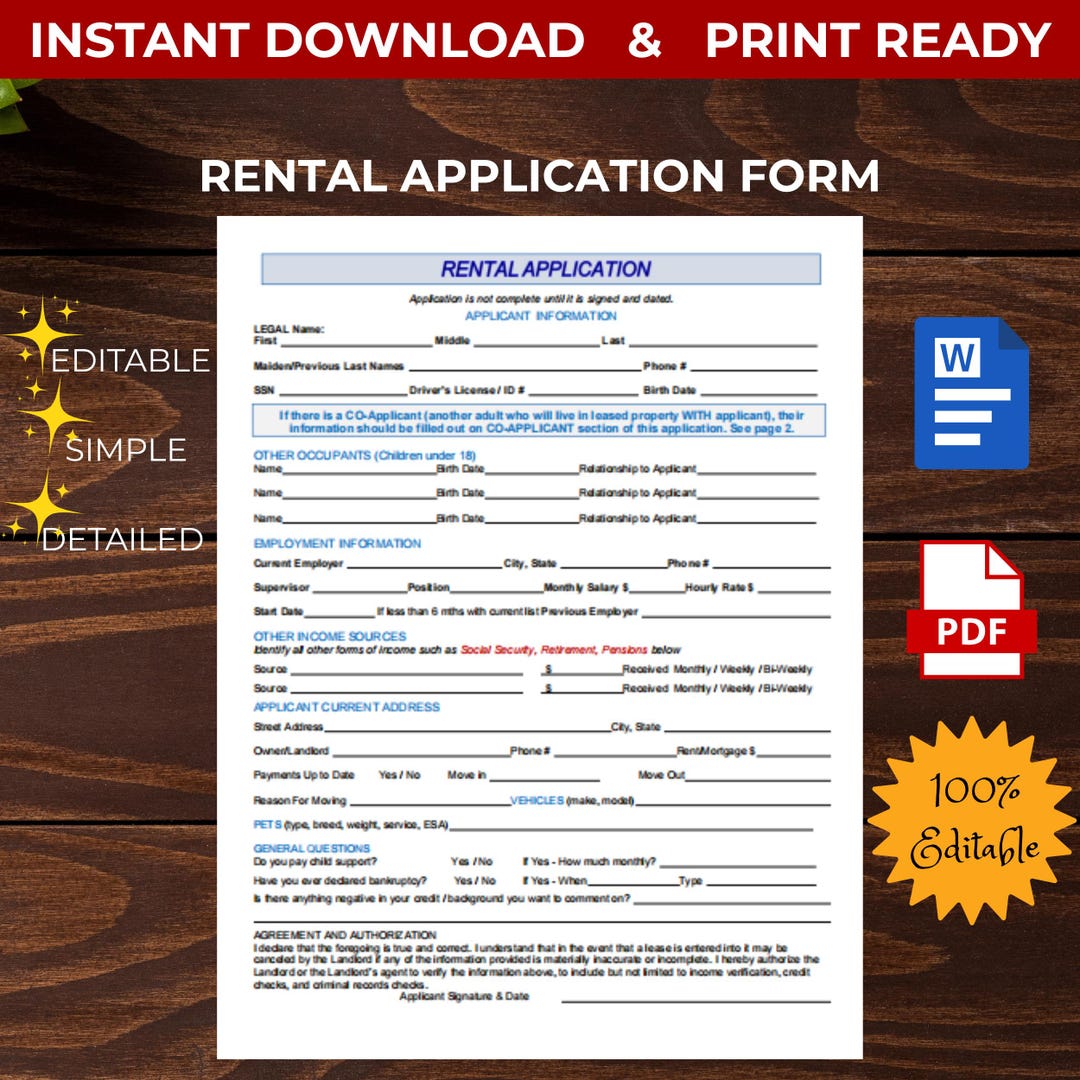 Printable Rental Application Form Editable Landlord Rental App Template ...