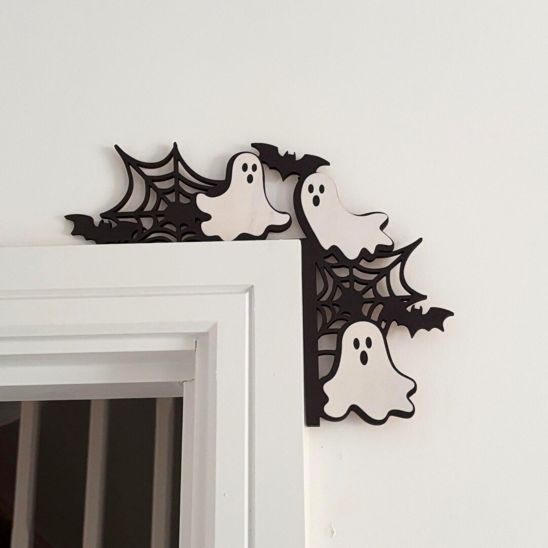 Spider Web & Ghost Wooden Door Corner Sign, Halloween Door Decor, Ghost ...