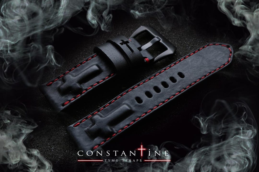 Embossed Cross Leather Watch Strap | Gothic Black Band, Red Stitch - Etsy