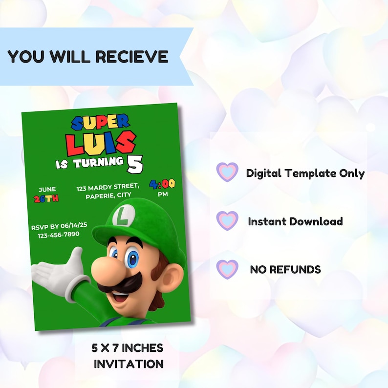 Luigi Invitation Super Mario Bros Luigi Birthday Invite Green Luigi ...