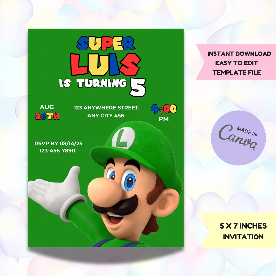 Luigi Invitation Super Mario Bros Luigi Birthday Invite Green Luigi ...