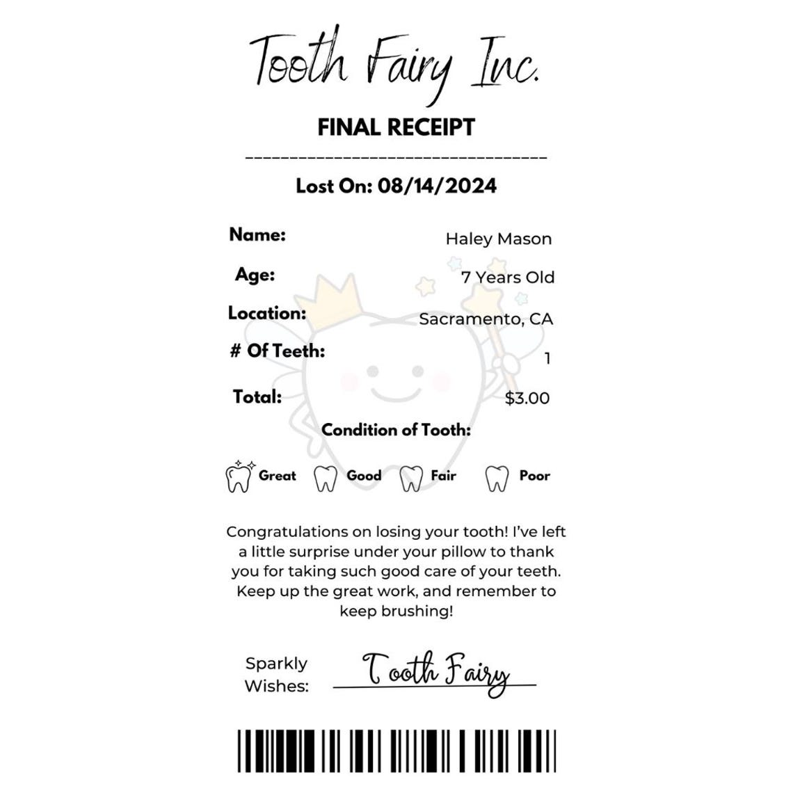 Editable Tooth Fairy Receipt Printable Lost Tooth Kids Tooth Fairy ...