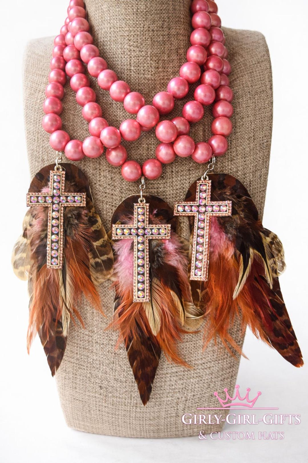 Gypsy South Pink Howlite Feather Rhinestone Cross Necklace - Etsy