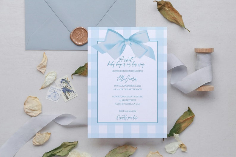 Preppy Baby Boy Shower Invitation: Blue Gingham Bow (digital) - Etsy