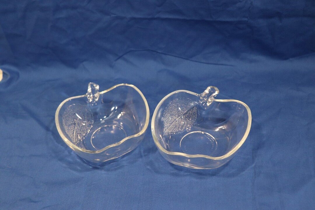 Apple Shaped Glass Bowls Etched Leaf Indonesia Dessert Candy Dish ...