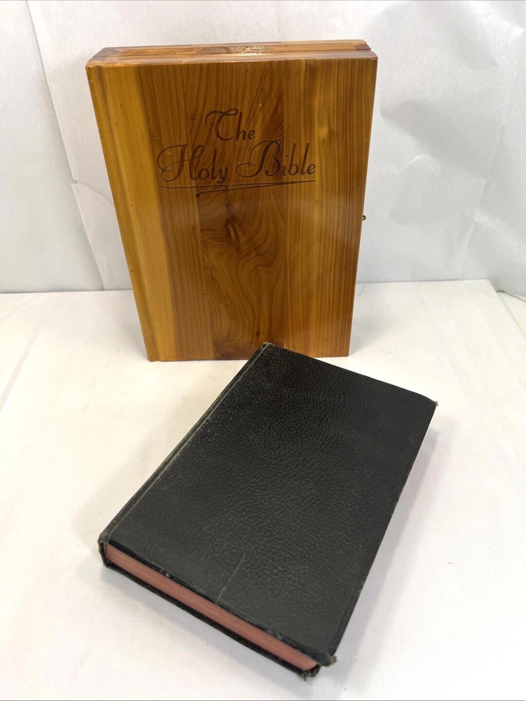 Holy Bible Wooden Box 9” Hinged Cedar Wood Vintage Etched & Bible 1950s ...