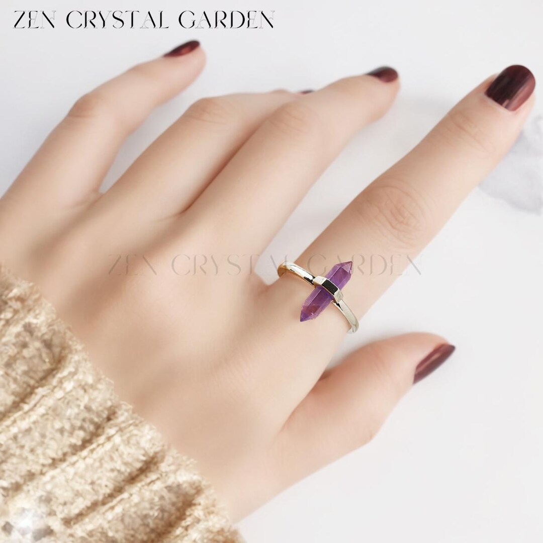 Healing Crystal Hexagonal Prism Ring, Raw Gemstone Open Band, Gold ...
