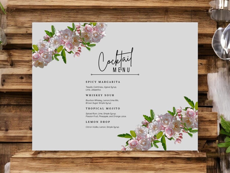 Custom Wedding Cocktail Menu Sign: Elegant Drink Recipes (digital ...