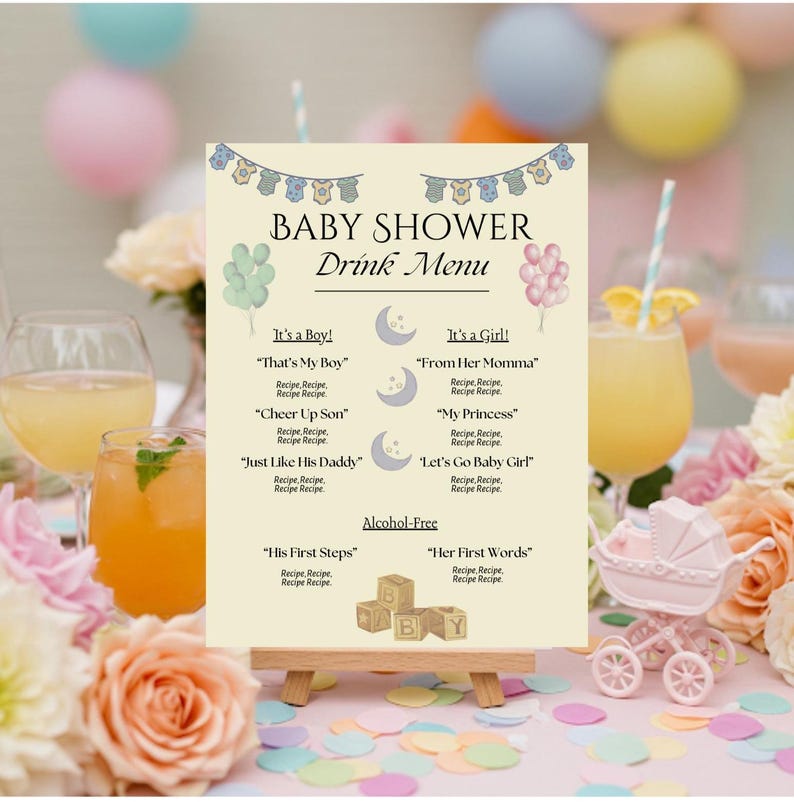 Editable Baby Shower Drink Menu | Premium Mocktail & Cocktail Recipes ...