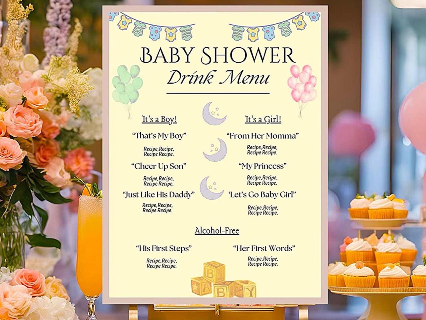 Editable Baby Shower Drink Menu | Premium Mocktail & Cocktail Recipes ...
